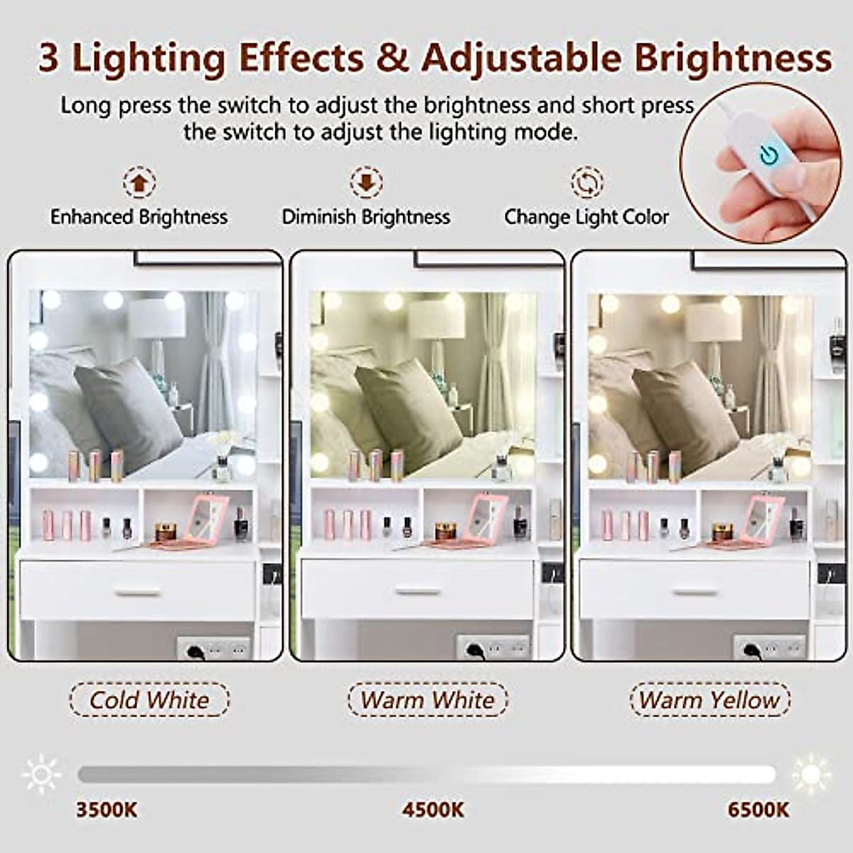 usikey Large Vanity Table Set with Lighted Mirror & Charging Station, Makeup Vanity Dressing Table with 4 Storage Shelves and 4 Drawers, Vanity Desk with 3-Drawer Chest and Cushioned Stool, White