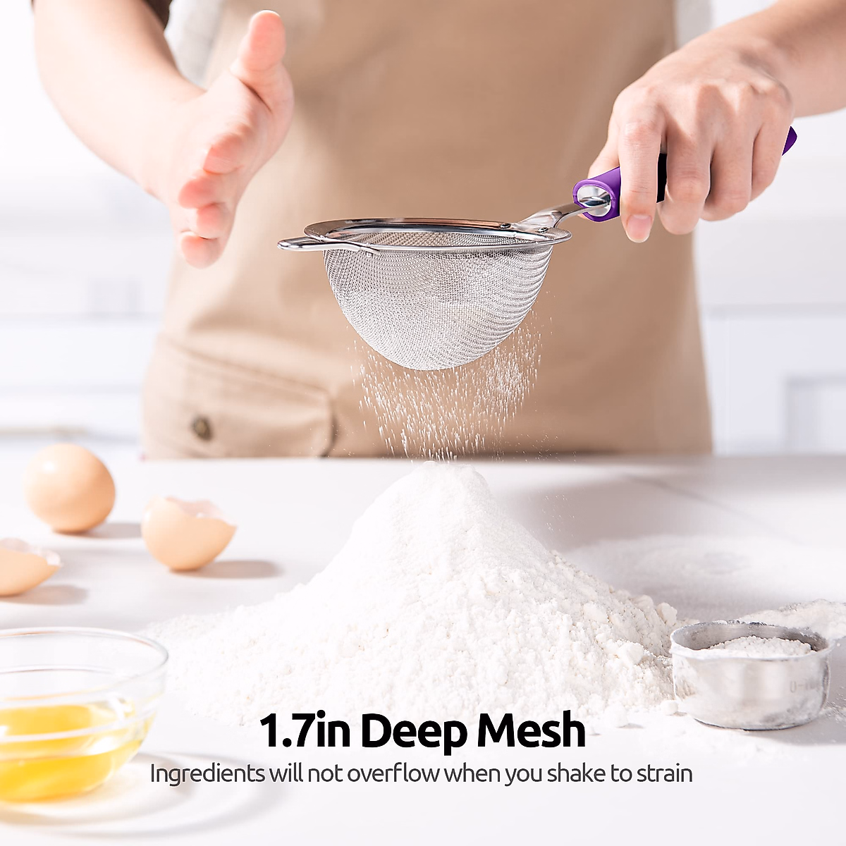 18/8 Stainless Steel Mesh Strainer: U-Taste 3.9 Inch Kitchen Fine Mesh Sieve Food Colander with Riveted Sturdy Silicone Handle and 30 Mesh Hole for Straining Flour, Quinoa, Tea, Juice (Purple)