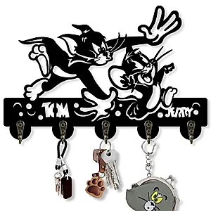AVJERA Cat and Mouse Key Holder for Wall Decorative, Tom Cat Wall Mounted Jerry Mouse Key Organizer with 5 Key Hooks, Cartoon Anime Adhesive Key Rack for Kitchen