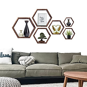 6 Piece - Hexagon Shelves Set | Honeycomb Floating Wooden Shelves | Great Hanging Shelf Option for Home or Office Wall Decor - Dark Brown