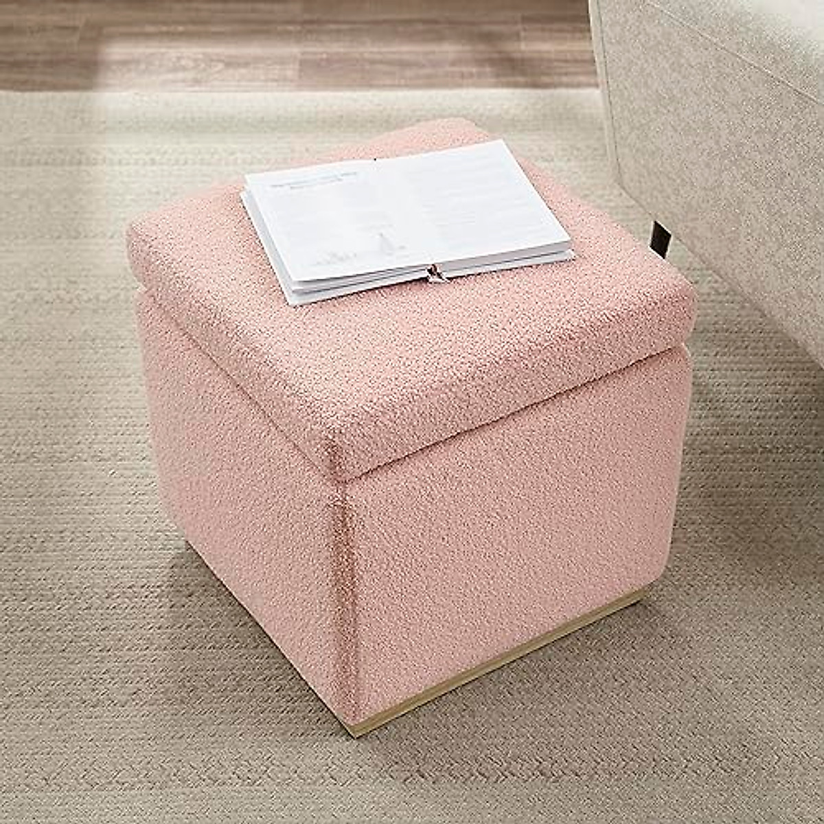 Linon Blush Sherpa Lexington Upholstered Square Storage Ottoman with Pine Wood Accent