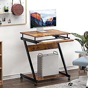 sogesfurniture Retro Computer Desk, Small Mobile Workstation with Keyboard Tray, Printer Shelf & Storage, 23.6x18.9x28.7 inches, Engineered Wood, for Home and Office