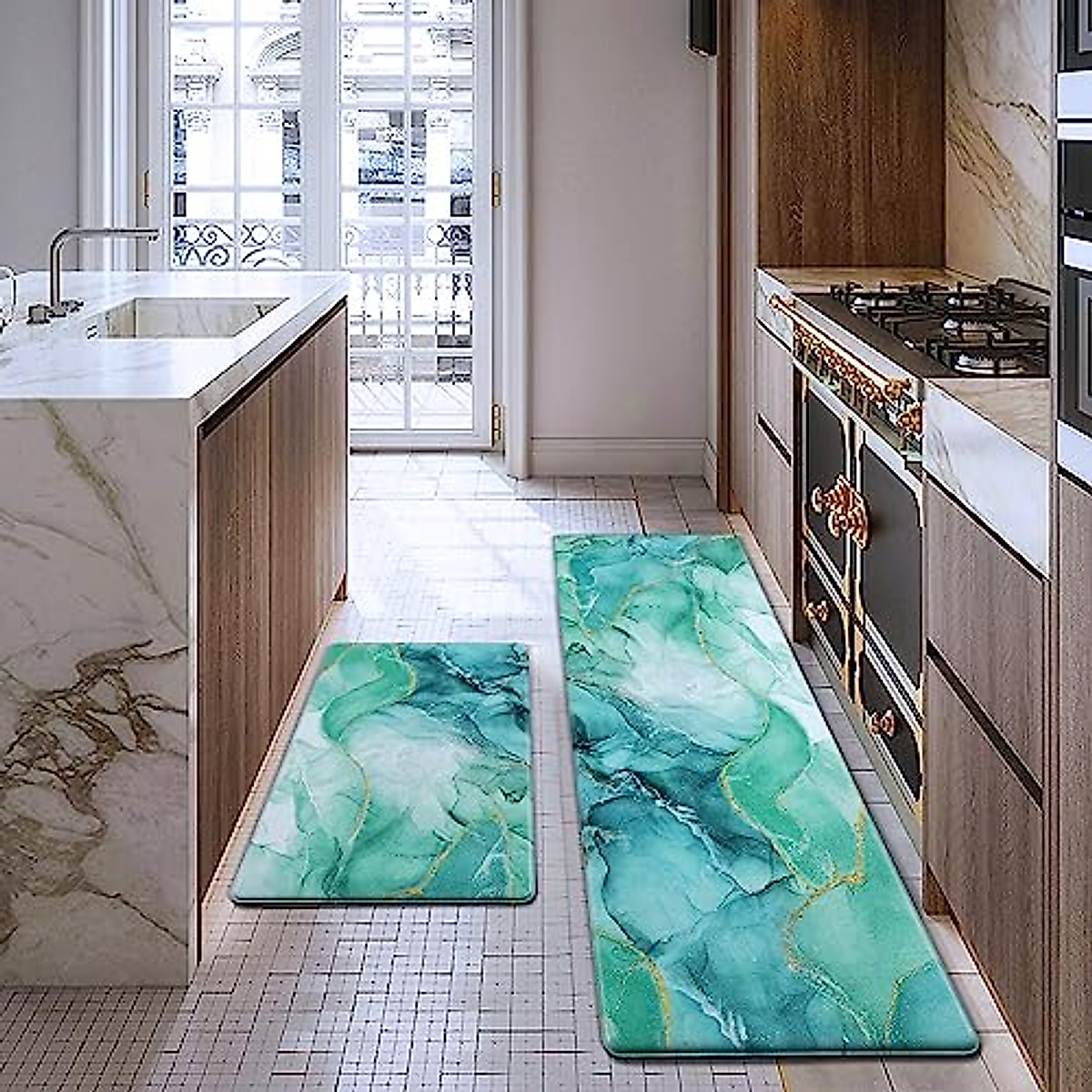 BLEUM CADE 2 PCS Kitchen Rugs and Mats Teal Marble Kitchen Mats for Floor Anti Fatigue PVC Waterproof Leather Runner Rug Non Slip Cushioned Standing Mat for Sink Laundry 17.3''x30''+17.3''x47''