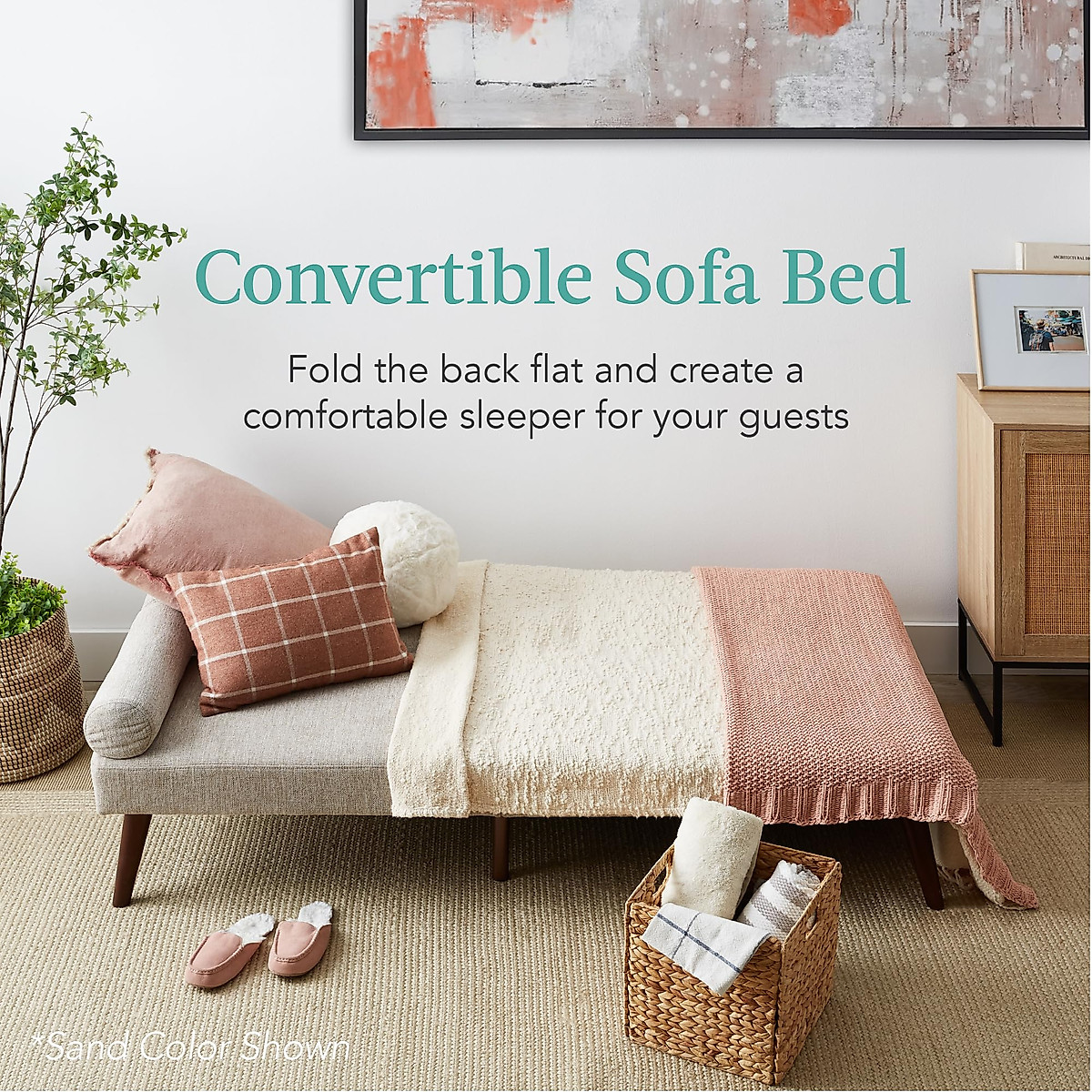 Best Choice Products Mid-Century Modern Upholstered Futon, Convertible Folding Sofa Bed, Small Couch w/Rounded Armrests, 2 Cupholders - Black