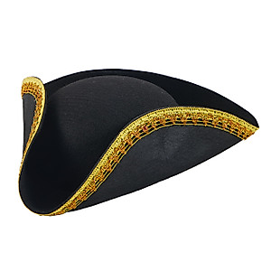Spooktacular Creations Black Pirate Hat, Colonial Tricorn Hat with Gold Trimming for Adults, Halloween Renaissance Costume Accessory for Revolutionary War RolePlay Party