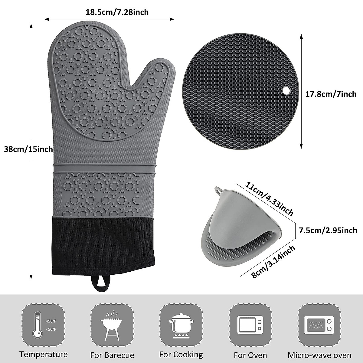 AOFUXTI Silicone Oven Mitts and Pot Holders Sets - Extra Long Heat Resistant Oven Gloves with Hot Pads and Mini Oven Mittens for Grilling, Kitchen Baking Cooking, Soft Quilted Liner, Pack of 9 (Gray)