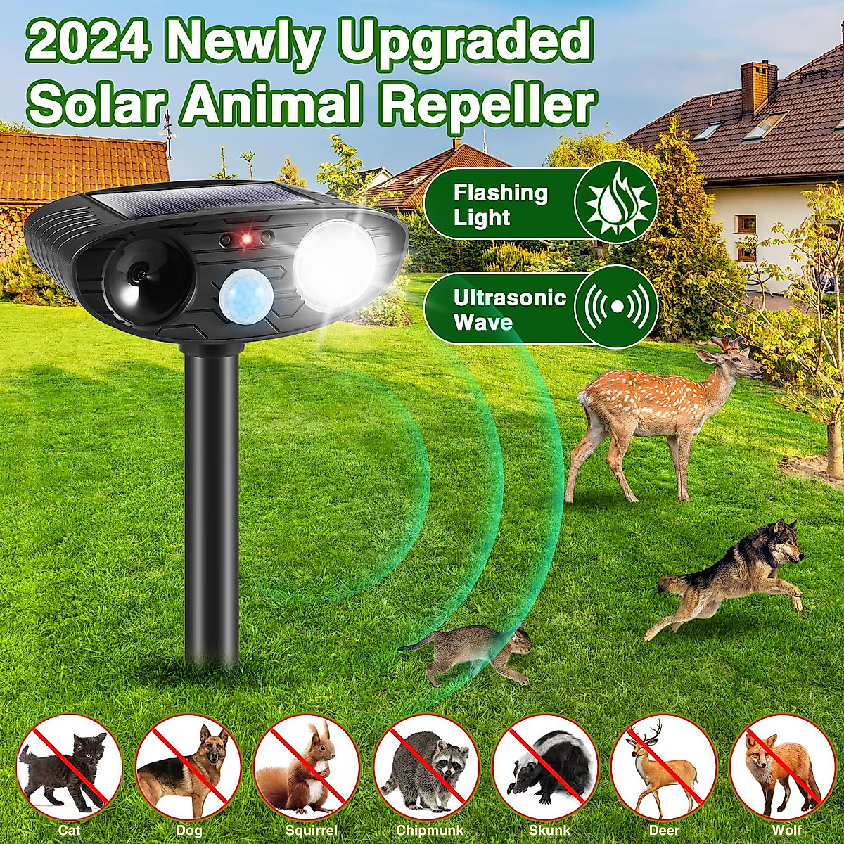 Ultrasonic Animal Repellent Outdoor Solar Animal Repeller with Motion Sensor&LED Strobe Light Cat Deterrent Outdoor Deer Repellent Device to Scare Coyote Raccoon Squirrel Skunk Repellent for Yard (4)