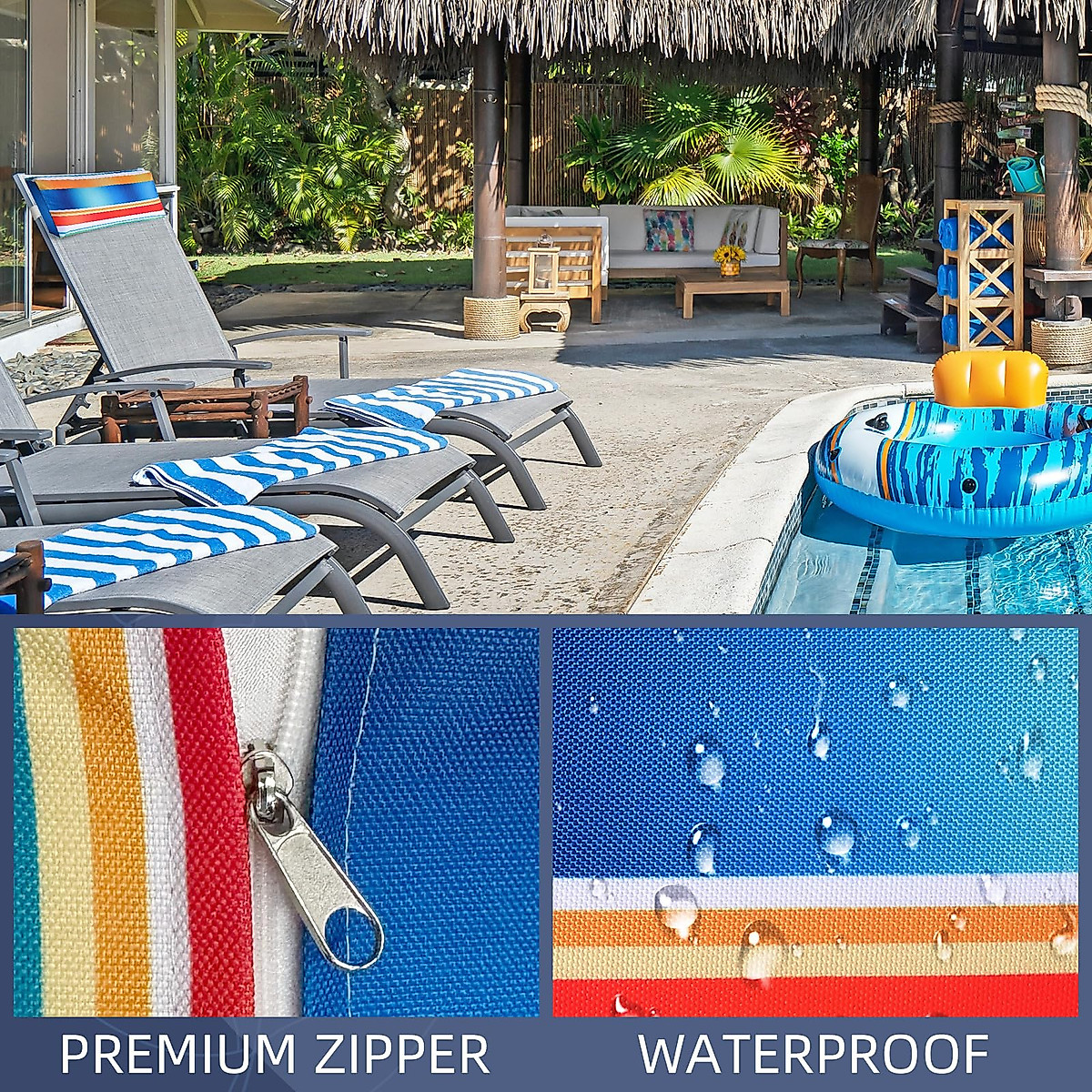 Rasugarlary Outdoor Pillow for Chaise Lounge Chair, 2 Pack Lounge Chair Pillows with Adjustable Strap Longue Head Pillow Headrest Pillows for Patio Backyard Beach Pool Garden Recliner(Color Stripes A)