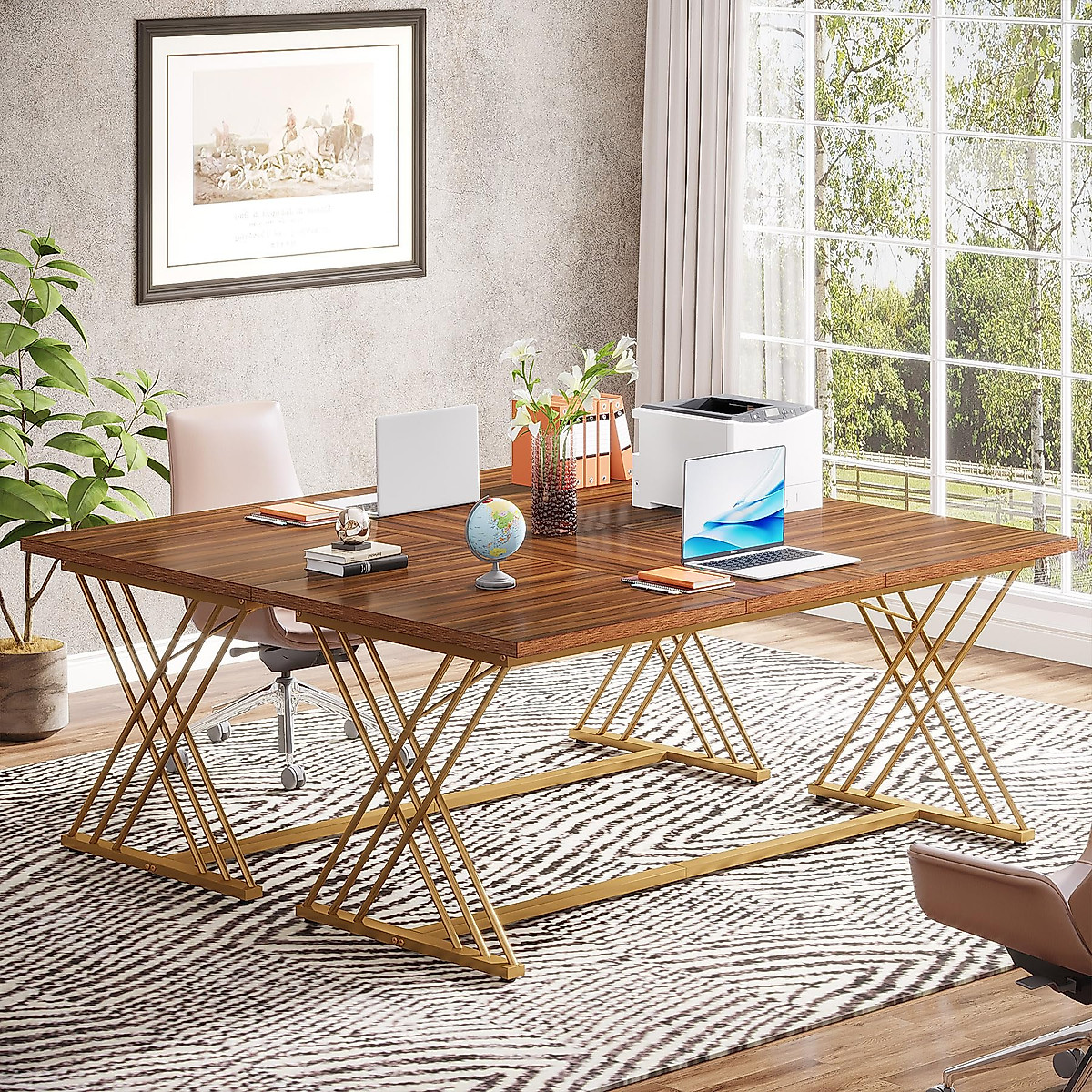 Tribesigns 63" x 31.5" Large Computer Desk, Modern Wood Home Office Desk, Computer Table Executive Desk, Study Writing Table Workstation for Living Room Bedroom Office, Brown + Gold Metal Frame