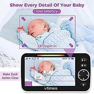 VTimes Baby Monitor Video Baby Monitor with Camera and Audio No WiFi 5" LCD Screen, Two-Way Audio, Night Vision,1000ft Range, 2X Zoom Temperature Display, Lullaby Elderly Pet