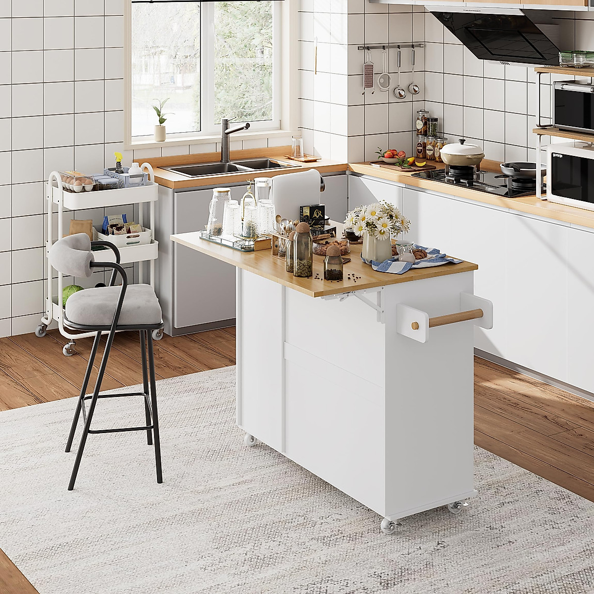 BOTLOG Kitchen Island with Storage, Island Table on Wheels with Drop Leaf, Spice Rack, Drawer, Towel Rack, Rolling Kitchen Island Cart for Dinning Room, White 15.7-27.55" D x 47.63" W x 35.43" H