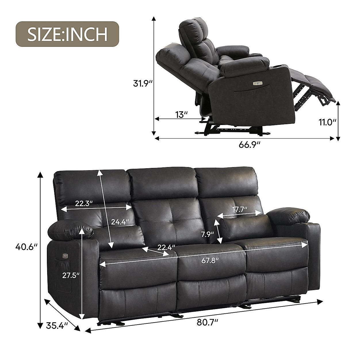 Consofa Power Reclining Sofa with Heat and Massage, Power Reclining Couch with Extended Footrest, Recliner Sofa 3 Seater with USB Ports & Cup Holders for Living Room, Home Theater Seating