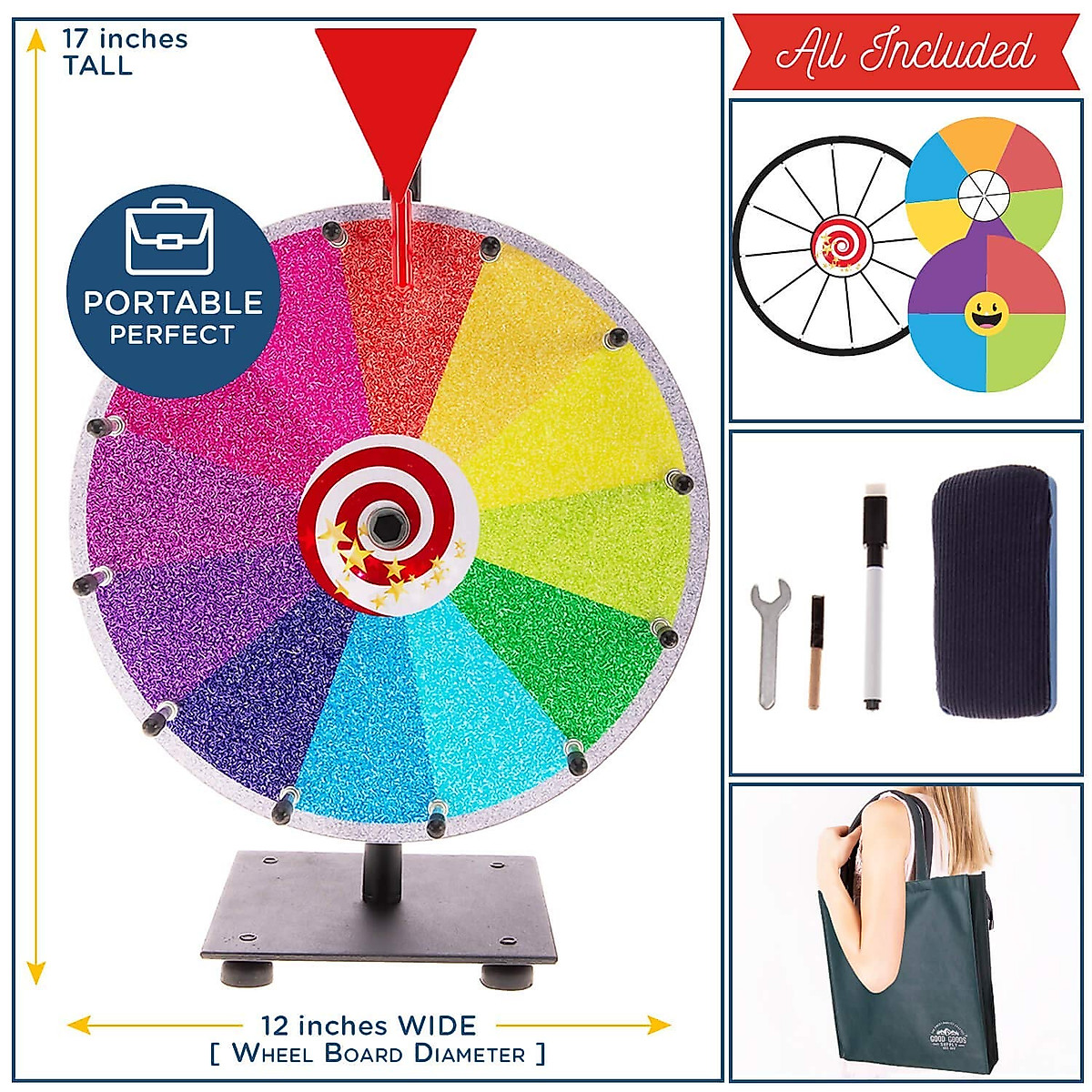 Prize Wheel Spinning Wheel for Prizes - Dry Erase Spin Wheel Game Small 12" inch Tabletop Stand Spinner Board with 4 Color & White Wheels, Marker Pen, Eraser & Bag | Win Fortune Raffle Carnival Games