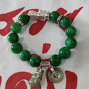 Thai Jade Bracelet Women Good Luck Ring Chain Feng Shui Bracelets Xiu Pi Yao Chinese Dragon Attract Good Luck Wealth Jewelry Adjustable Elastic PNH01456 Green/Silver/Light Green Length 6.00''