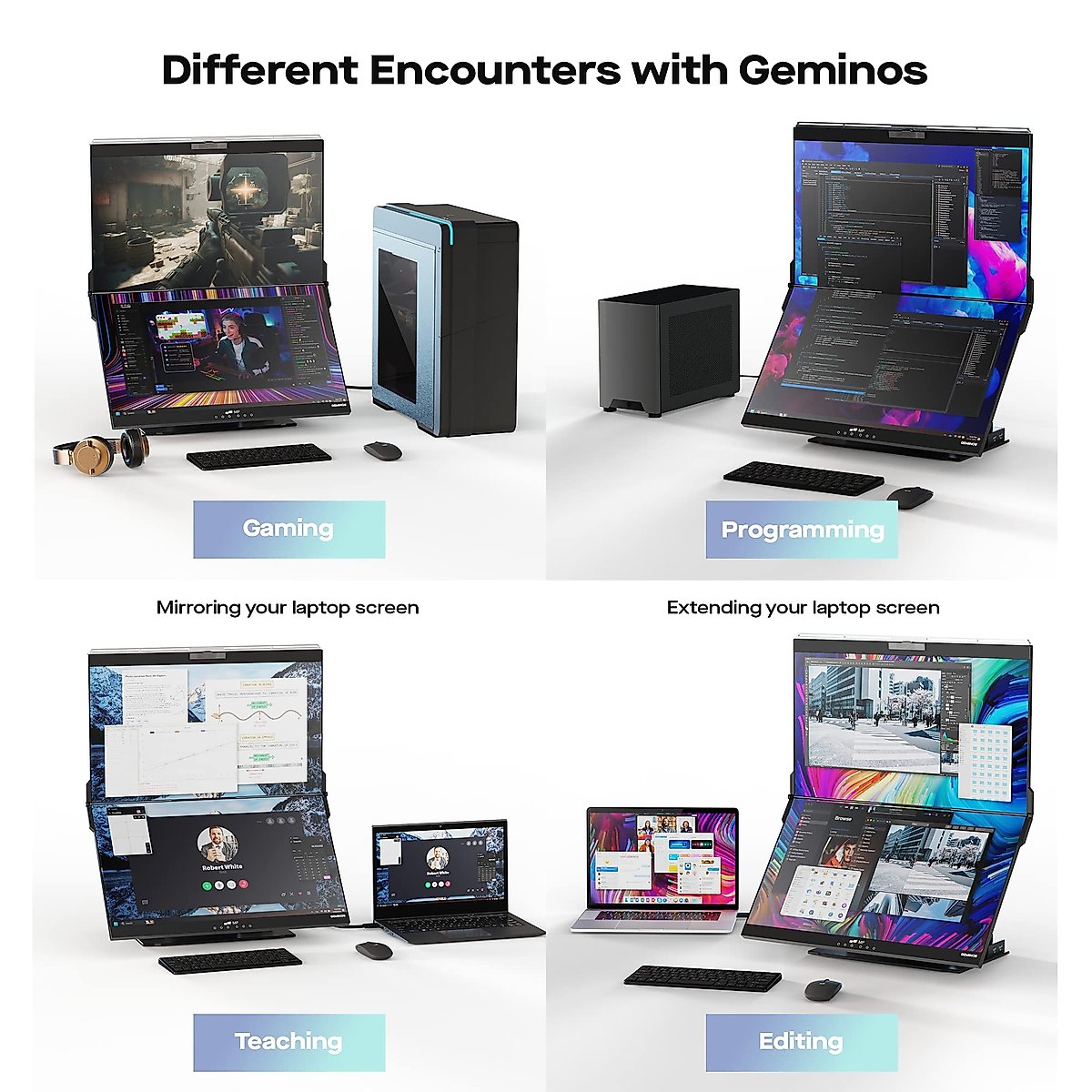Mobile Pixels Geminos Dual 24" Stacked Computer Monitors with 1080P Webcam&Speakers, 65W USB-C Charging, All-Inclusive Vertical Desktop Monitor, HDMI/USB-A/USB-C, Infinitely Adjustable (2 Monitors)