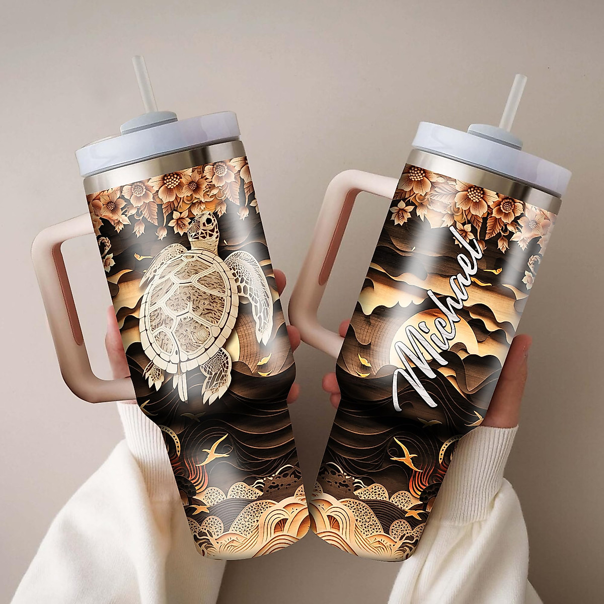 WAZONE Personalized Turtle 40oz Tumbler with Handle and Straw Lid Customized Animal Wooden Drawings Tumblers Stainless Steel Insulated Coffee Travel Mug Custom Gifts for Turtles Lover Men Women