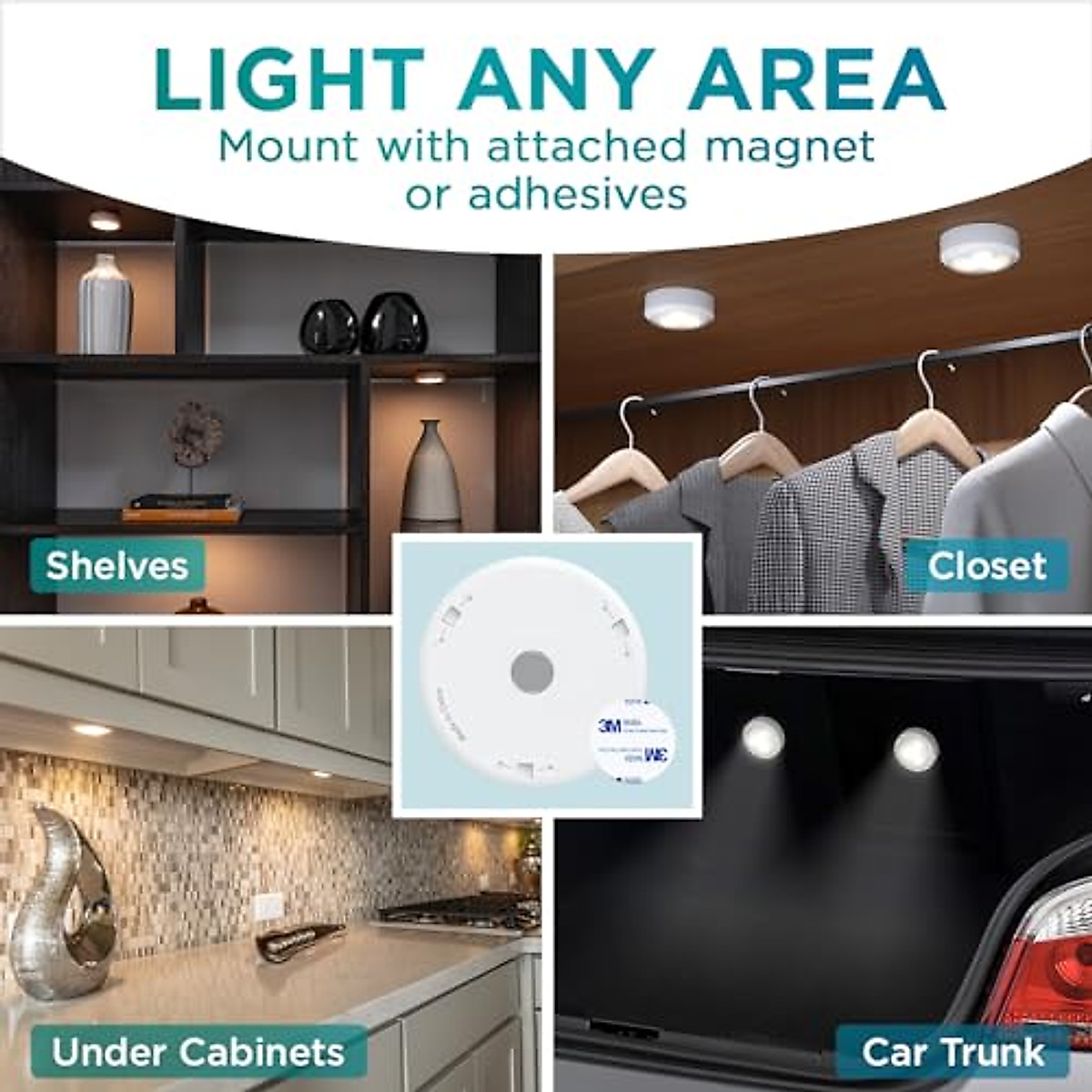 Brilliant Evolution Wireless LED Puck Light 3 Pack, Under Cabinet Lighting, Closet Lights, Kitchen Sink/Shelf Lights, Battery Powered, Stick On Push/Tap Lights - Under Cabinet Lights Wireless