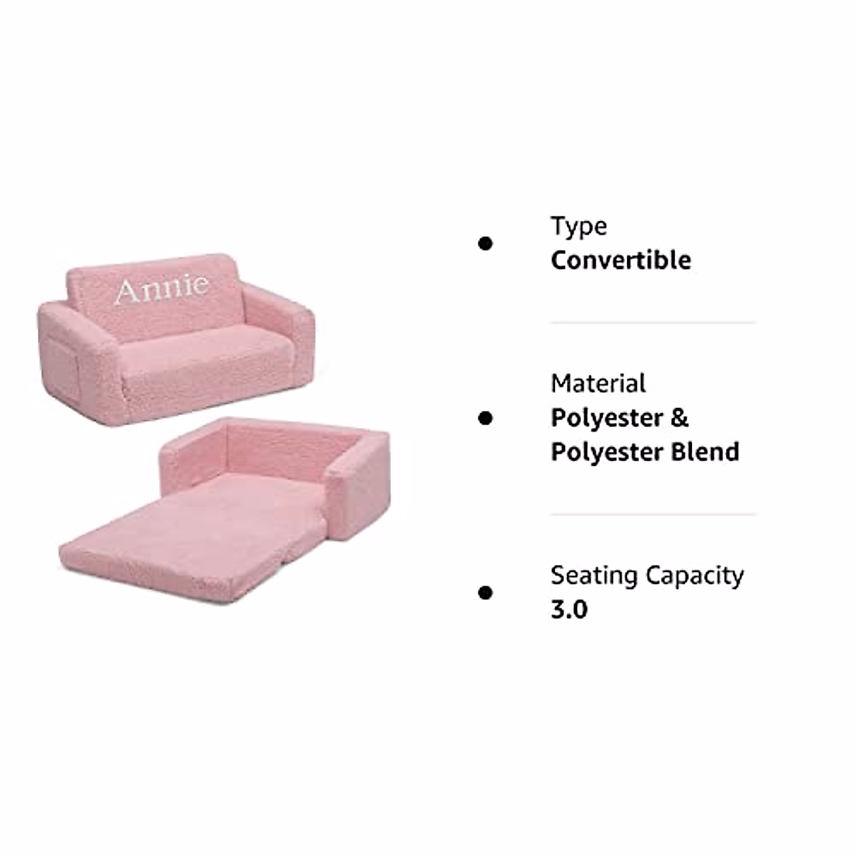 Delta Children Cozee Flip-Out Sherpa 2-in-1 Convertible Sofa to Lounger for Kids – Customize with Name, Pink
