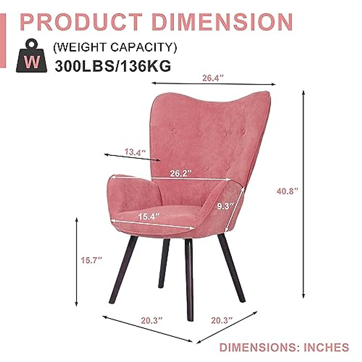 Fangflower Rose Velvet Accent Chair, Modern Button-Tufted Wingback Vanity Seat with Arms, Upholstered High-Back, Sturdy Wooden Legs for Bedroom, Lounge, Living Room