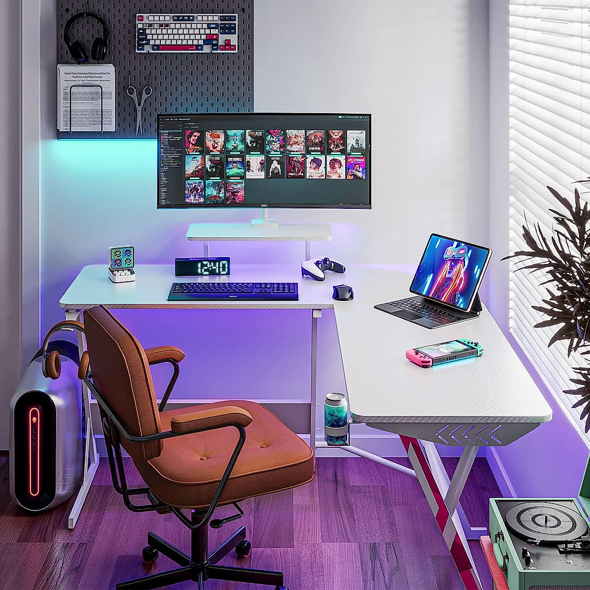 MOTPK White Gaming Desk with LED Lights, Carbon Fiber L Shaped Gaming Desk, Corner Gaming Desk L shape, Gamer Desk Gaming Table with Monitor Stand & Cup Holder & Headphone Hook, 51 Inch, Gift Ideas