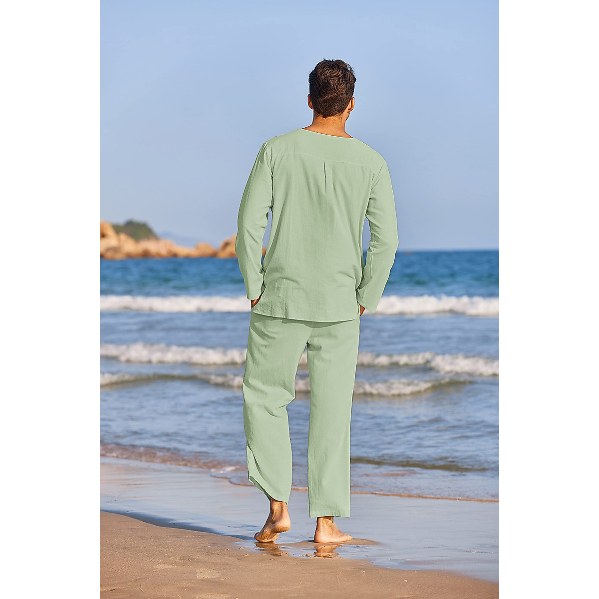 COOFANDY Men's 2 Pieces Cotton Linen Set Henley Shirt Long Sleeve and Casual Beach Pants Summer Yoga Outfits