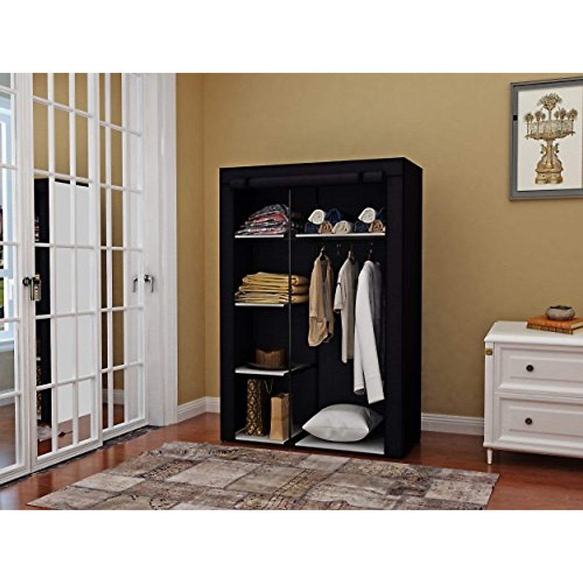 JEROAL Closet Wardrobe Portable Clothes Storage Organizer with Multi-Tier Shelves and Dustproof Non-Woven Fabric Cover, 41.73x17.72x65.35 in(WxDxH) (Black)