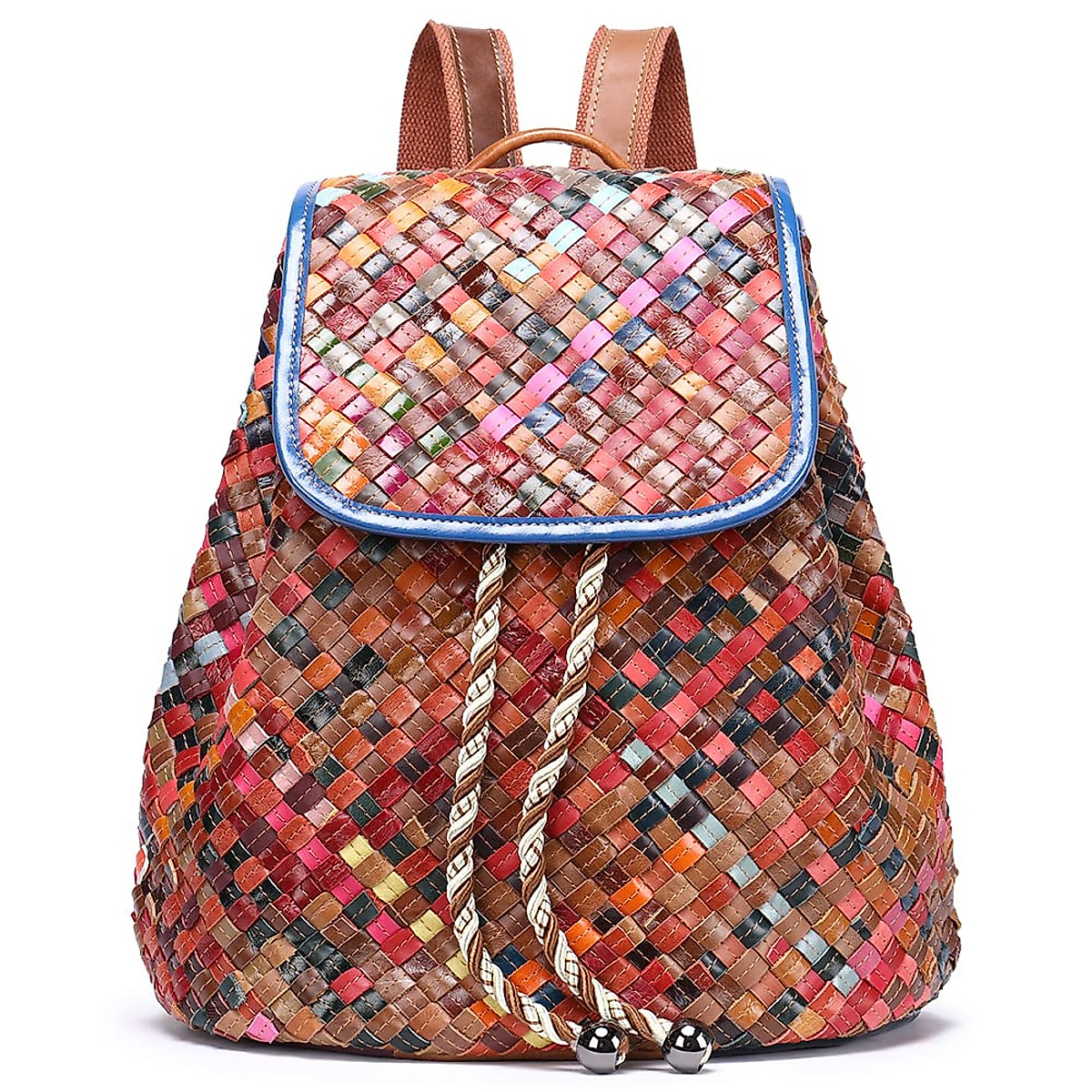 MASIWEI Genuine Leather Patchwork Backpack Purse for Women Multicolor Cute Large Capacity Bookbag with Drawstring Design