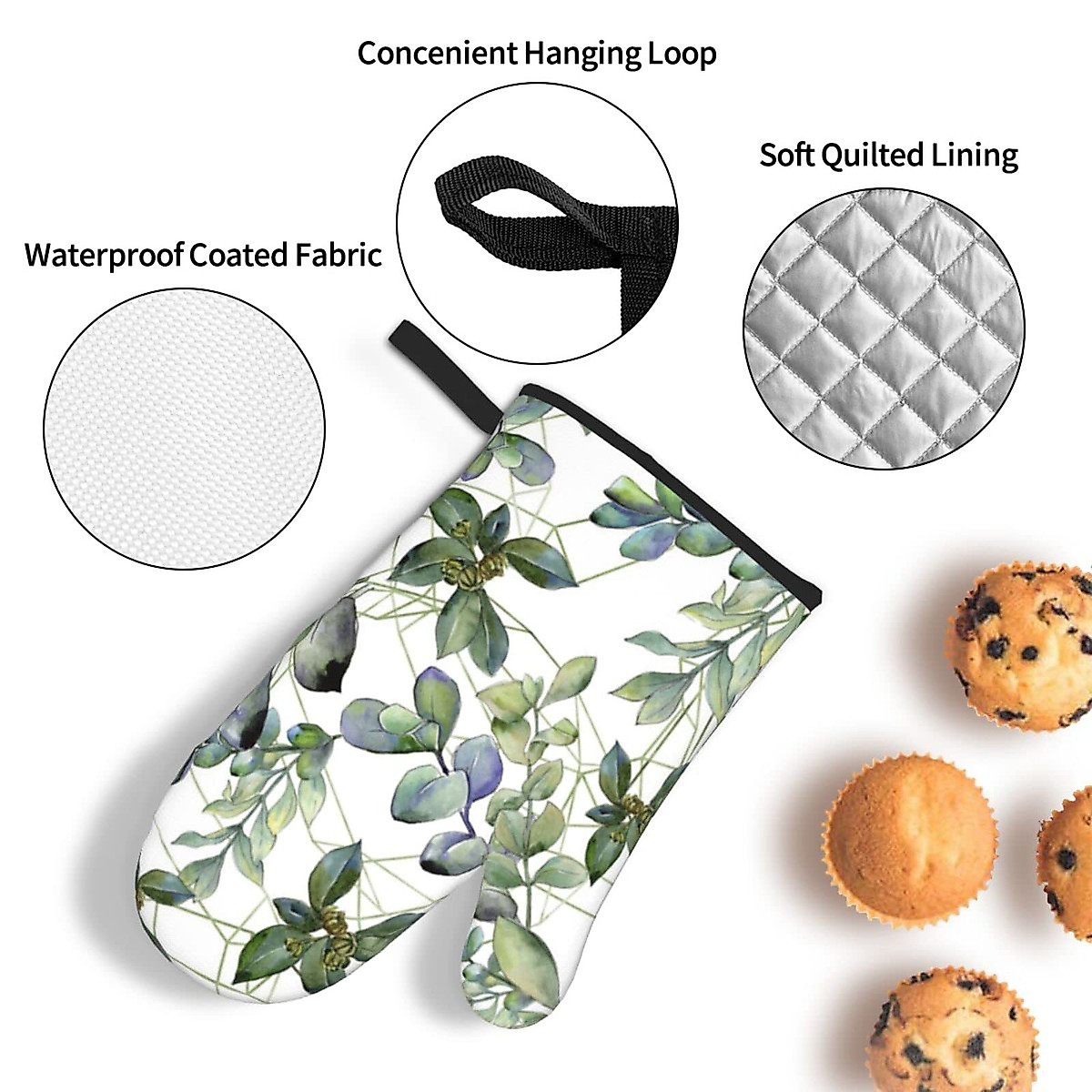 YILEQUAN Green Eucalyptus Leaves Print Oven Mitts and Pot Holders Sets,Kitchen Oven Glove High Heat Resistant 500 Degree Oven Mitts and Potholder,Surface Safe Baking, Cooking, BBQ,Pack 3 One Size