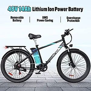 HITWAY Electric Bike for Adults, 750W/48V/14Ah Ebike with Removable Battery, 20MPH/35-75Miles Bicycle 26'×3.0 Fat Tire, Mountain E Men Women, Shimano 7-Speed Transmission, IP54, BLACK, (BK3M)