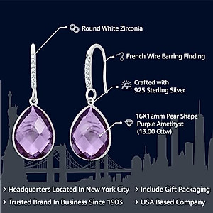 Gem Stone King 925 Sterling Silver Purple Amethyst Earrings | 13.00 Cttw | Gemstone Birthstone | Pear Shape 16X12MM | Drop Dangle Teardrop Earrings For Women
