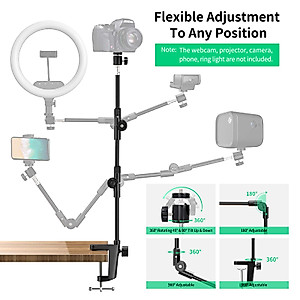 Webcam Stand Camera Mount with Phone Holder & 5/8" Screw, 25in Flexible Projector Stand Gooseneck Desk Mic Stand for Logitech C922 C930e C920 C615 C960 Brio 4K, GoPro, Blue Yeti Snowball Ice