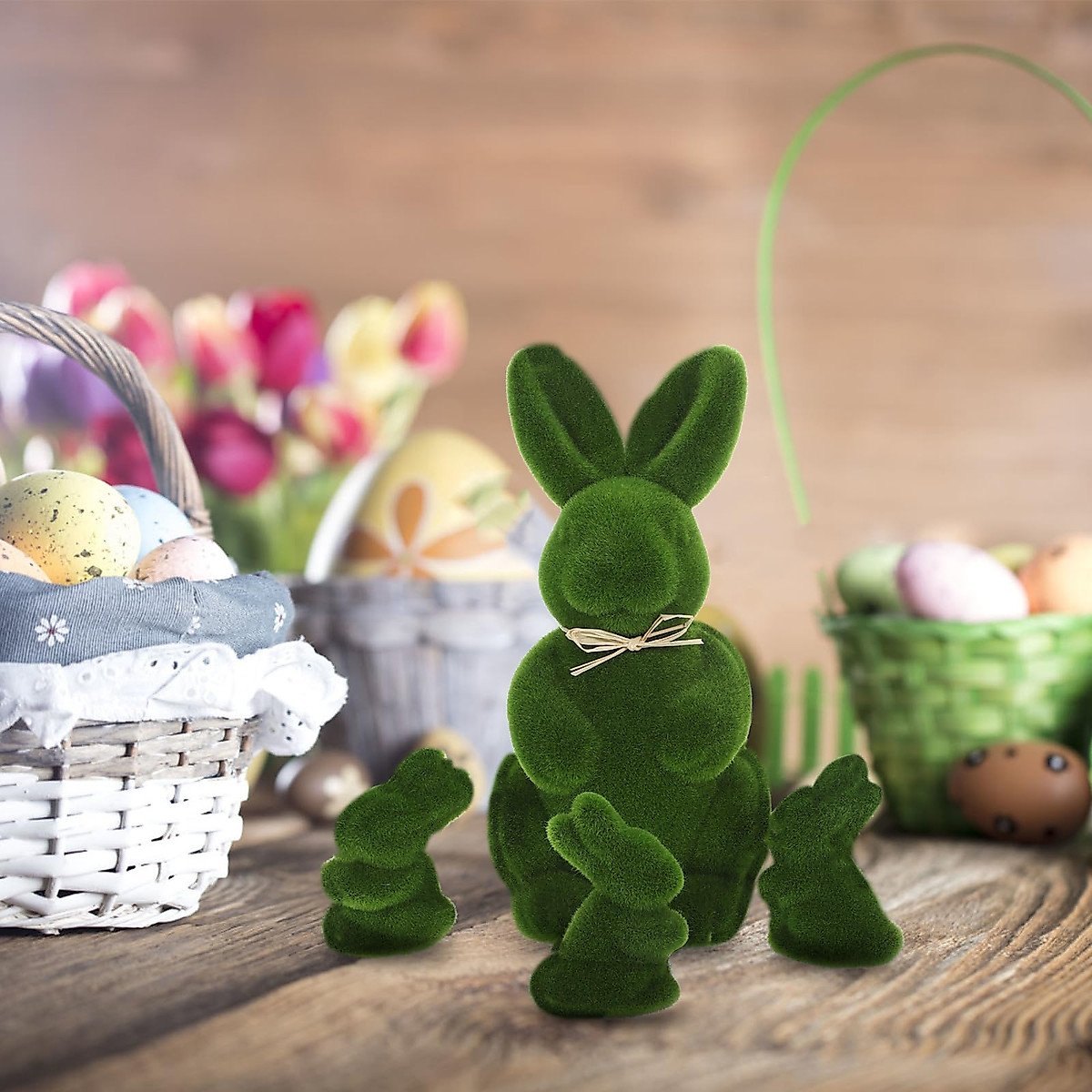 4pcs Bunny Decor Easter Artificial Turf Grass Rabbit Figurine Flocked Animal Bunny Statue Easter Party Favor for Yard Decorations