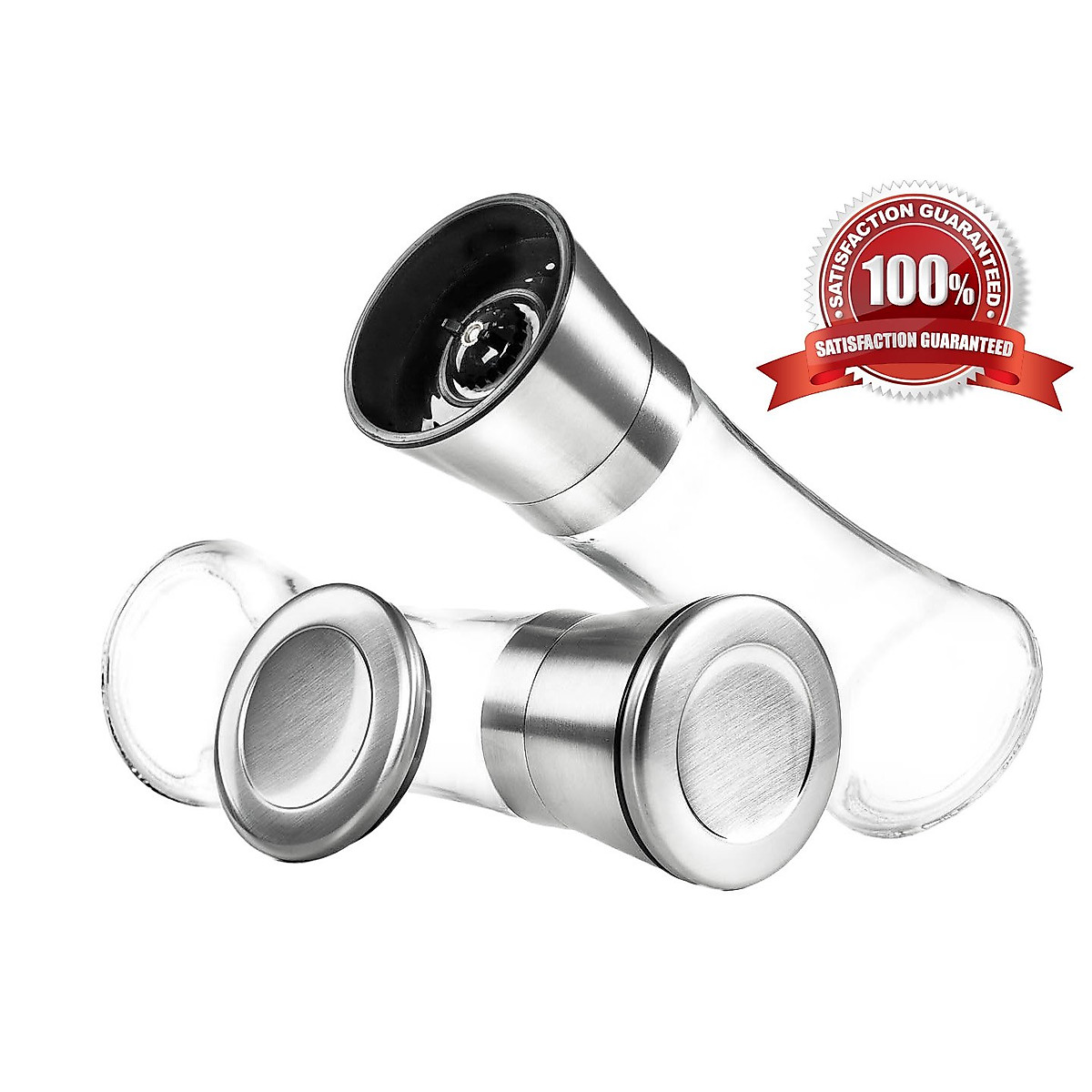 2 PCS Salt and Pepper Grinders Glass Mills Brushed Stainless Steel with Adjustable Ceramic Rotor