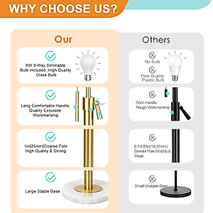 Modern Floor Lamp for Living Room, Adjustable Height Standing Lamp with Marble Base, 3-Way Dimmable Gold Tall Pole Light with White Linen Shade for Reading Bedroom, Pull Chain Switch, Bulb Included