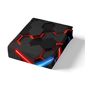 Neon Red Blue Lightsaber Duvet Cover Set Queen Size Geometric Honeycomb Bedding Set 3Pcs for Kids Girls Boys Teens Room Decor Fashion Games Comforter Cover Black 3D Hexagon Quilt Cover,2 Pillowcases