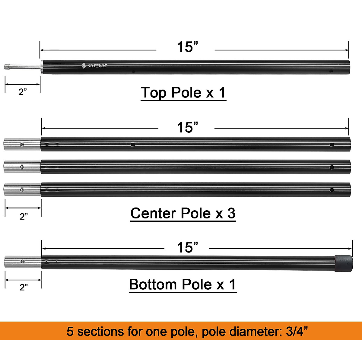 Sutekus Aluminum Poles Tarp Poles Replacement Accessories 5 Section Multifunction Aluminum Rod with Lantern Hook for Camping Shelters Canopy Support 2 Poles (Black)