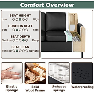 STHOUYN 72" W Faux Leather Black Sofa 3 Seat Couch, Modern Comfy Couch with 2 USB, Small Couches for Living Room Apartment Bedroom Small Spaces, Office Couch (Black (Sofa))