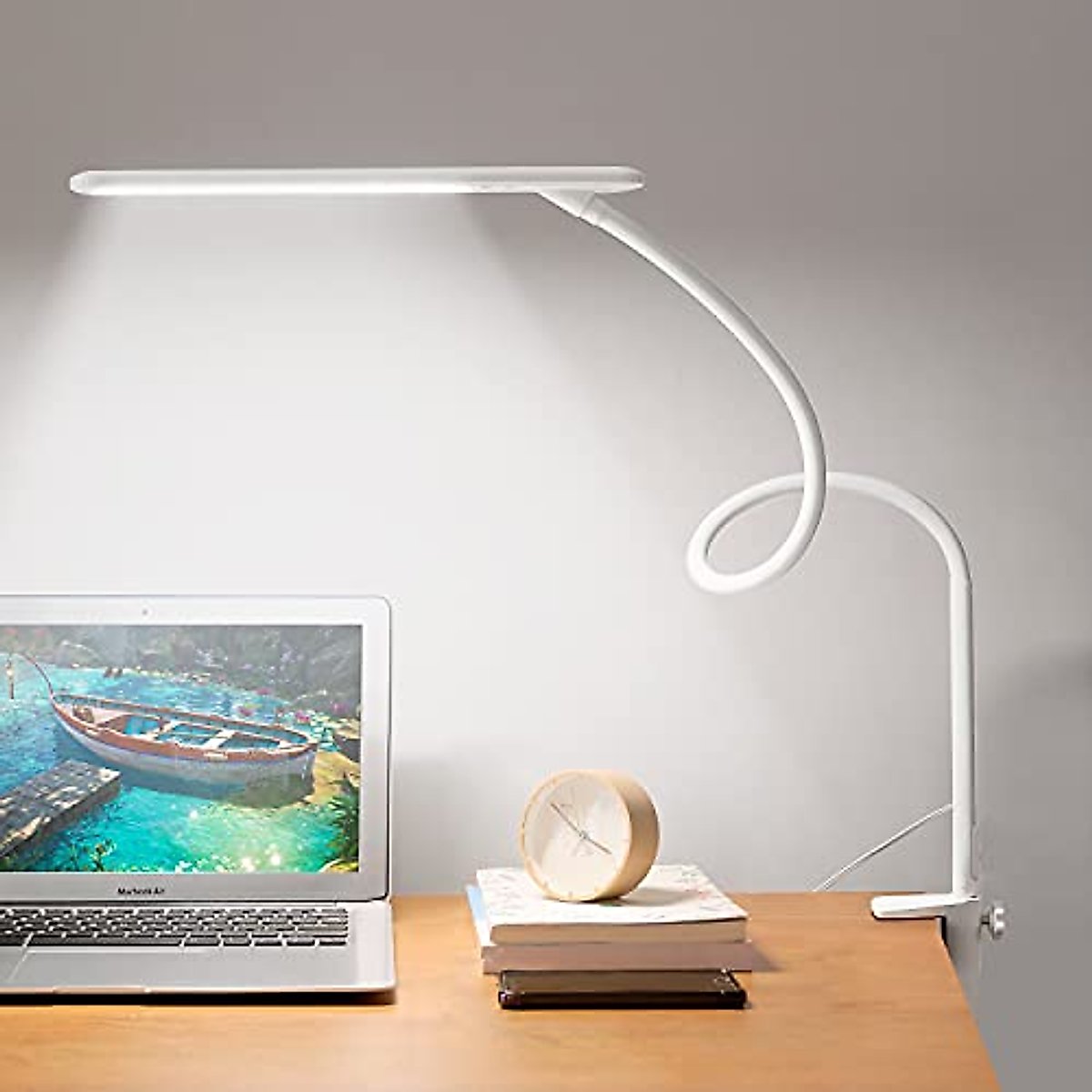BOLOWEI LED Desk Lamp with Clamp Small White Desk Lamp for College Dorm Room, 6-Level Dimmable 5 Color Modes Swing Arm Daylight Table Lamp Touch Control Home Office Study/Reading/Drawing 10W