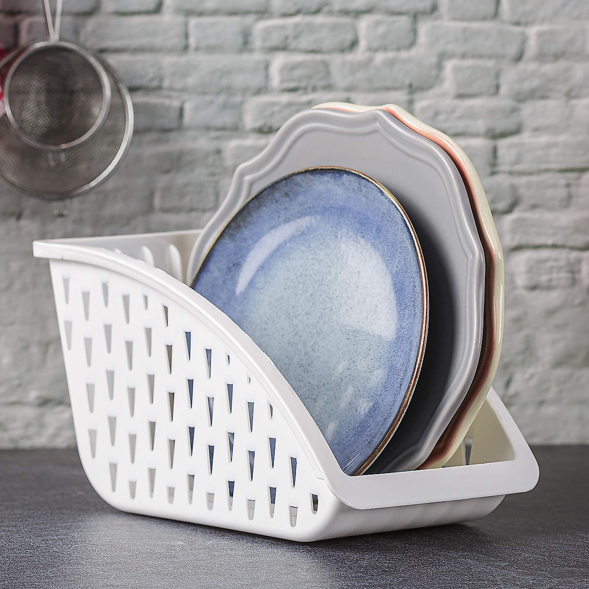 Crystalia Plastic Kitchen Cabinet Organizer for Dishes, Vertical Plate Storage Set for Countertop, Lid Plate Pan Holder Rack, Kitchenware Divider for Under Cabinet, Compact Clutter Organizer, White