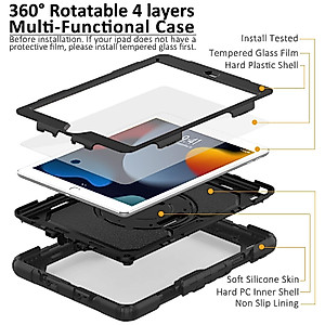 iPad 9th/8th/7th Generation Case, iPad 10.2 Case 2021/2020/2019, [Kid Proof] ambison Full Body Protective Case with 9H Tempered Glass Screen Protector, 360° Rotatable Kickstand & Hand Strap (Black)