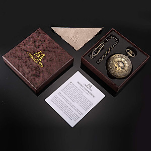 ManChDa Pocket Watch - Engraved Bronze Retro Vintage Double Hunter Series Skeleton Dial Delicate Mechanical Movement + Gift Box