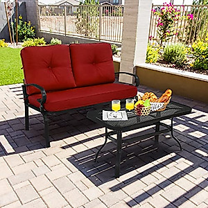 Giantex Patio Loveseat with Coffee Table Outdoor Bench with Cushion and Metal Frame, Loveseat Porch Furniture Set Sofa for Garden, Yard, Patio or Poolside (Deep Red & Black)