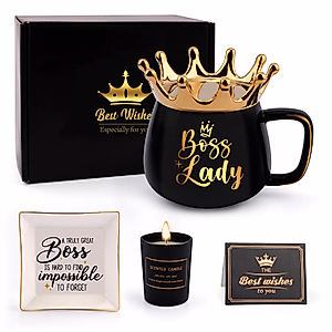 HULASO Boss Lady Gifts for Women, Christmas Gifts for Women with Candle and Dish, Boss Appreciation Gifts for Women Crown Coffee Cup, Birthday Gifts Best Boss Gifts for Women Boss Mug