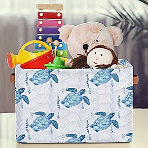 Ocean Sea Turtle Storage Basket Cube Turtoise Mermaid Sclae Large Toys Storage Box Bin with Handle Collapsible Closet Shelf Cloth Organizer for Nursery Bedroom,15x11x9.5 in,1 Pack