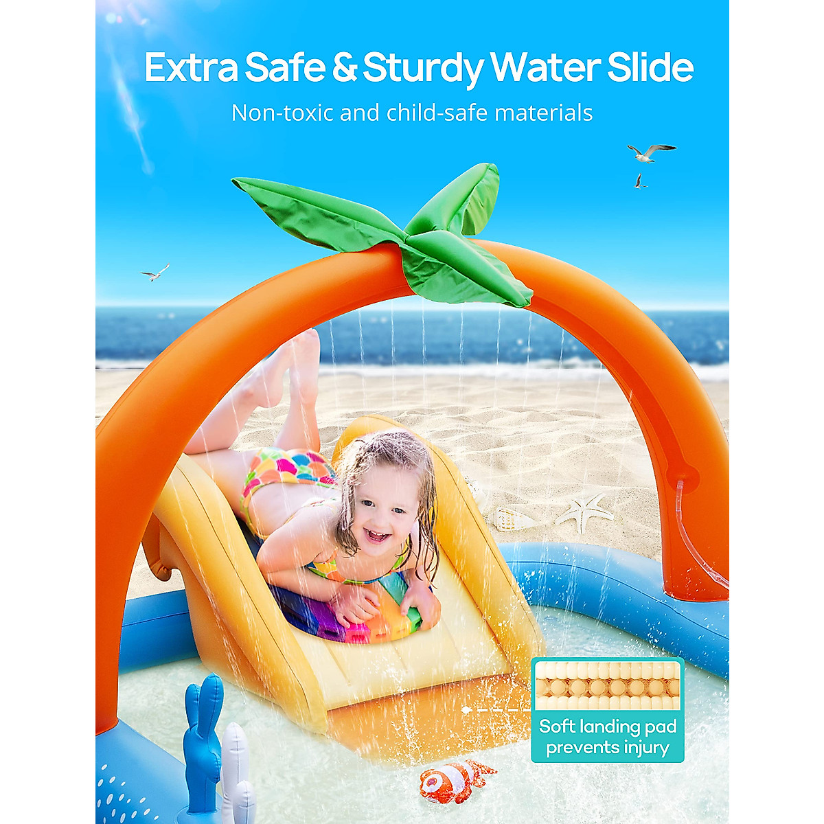 Kiddie Pool,Evajoy Inflatable Play Center Kiddie Pool with Slide, Wading Lounge Kids Pool, Coconut Palm Sprinkler, Ball Toss Game for Toddler, Kid Children, Garden Backyard Water Park, 95''x75''x40''