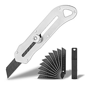 Harita Utility Knife Box Cutter Stainless Steel Handle, Adjustable blades length Blackened Heavy Duty Rust Resistance with 10 Pcs SK5 Blades DIY office for Craftman men and women,(Silver)