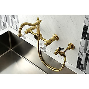 Kingston Brass KS1267PXBS Heritage 8-Inch Centerset Wall Mount Kitchen Faucet with Brass Sprayer, Brushed Brass