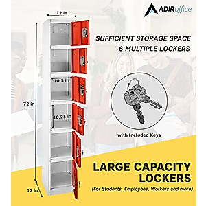 AdirOffice Large School Locker with 6 Doors 6 Hooks Storage Locker for Garage Storage - Office Storage Lockers (6 Door, Red)