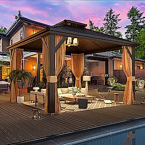 MELLCOM 12'x12' Hardtop Gazebo, Galvanized Steel Metal Double Roof Aluminum Gazebo with Curtain and Netting, Permanent Pavilion Gazebo for Patio, Lawn and Garden