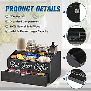 Coffee Station Organizer, Wood K Cup Coffee Pods Holder with Drawer, Countertop Coffee Bar Accessories Tea Bag Organizer, Coffee Bar Condiment Organizer for Coffee Bar Decor, Coffee Lovers Gift